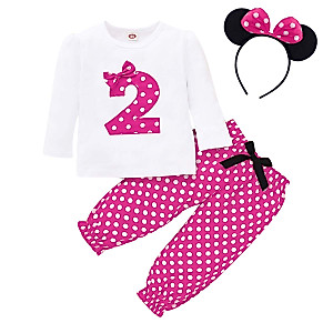 ODASDO Toddler Baby Girl 2nd Second Birthday Party Cake Smash Outfit Cotton Long Sleeve T-shirt Top Pants Ear Bowknot Headband 3pcs Clothes Set Photo Props Hot Pink 18-24 Months