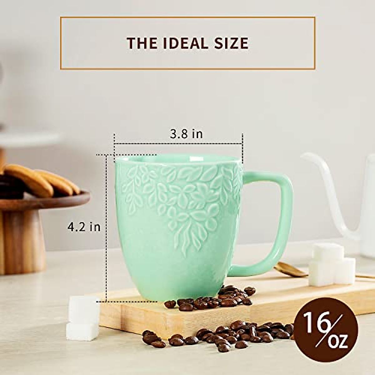 toptier Coffee Mugs Set of 4, 16 Ounce Ceramic Mug Coffee Mugs with Large Handle for Men, Women, Leaf Design Coffee Cups Gift for Coffee, Tea, Milk, Cocoa, Cereal, Green
