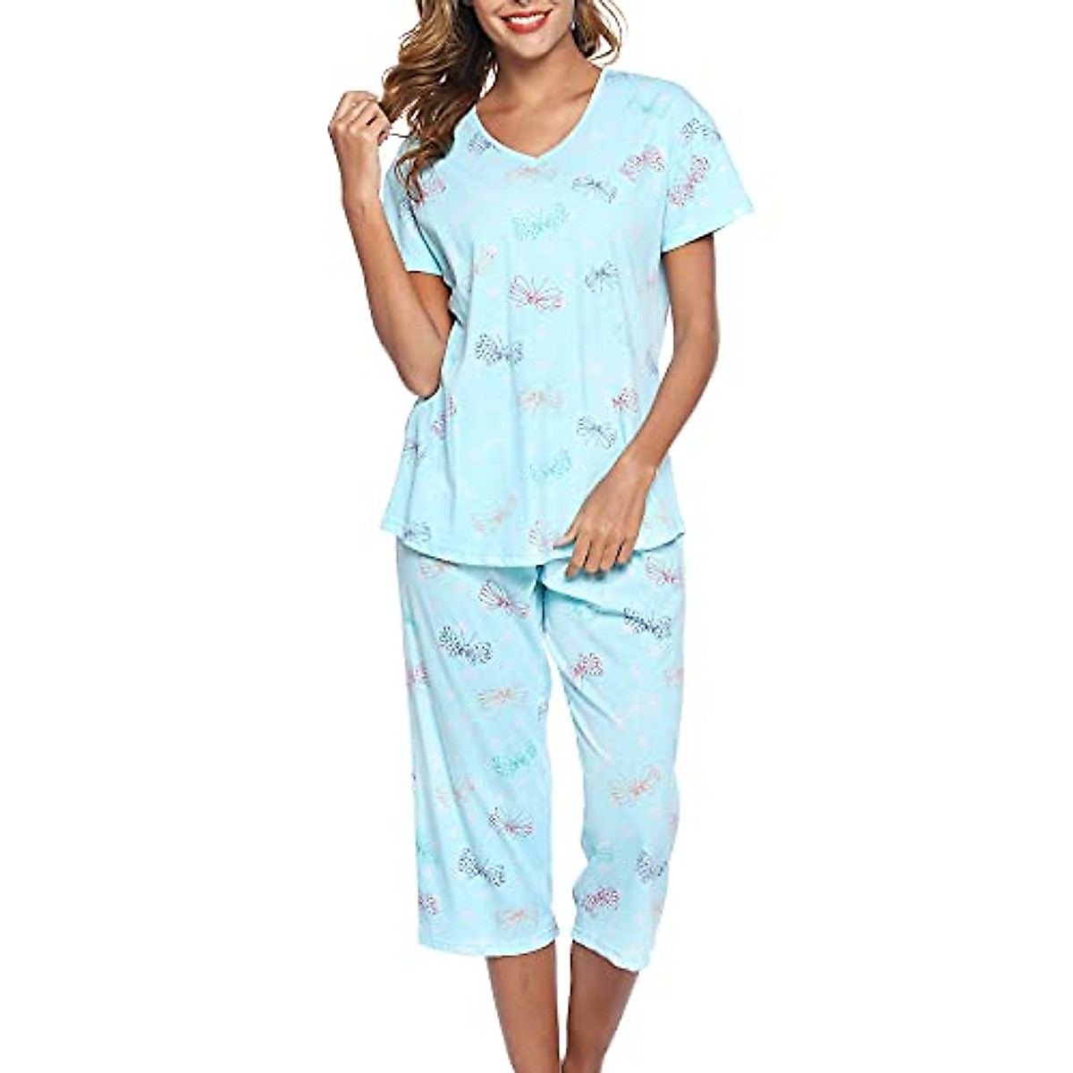 ENJOYNIGHT Women's Sleepwear Tops with Capri Pants Pajama Sets(X-Large,Flyyying)