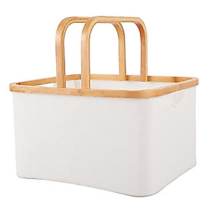 LaMorée Large Storage Bin Basket with Folding Bamboo Handles Oxford Cloth Box for Picnic Shopping Car Storage Rectangular Closet Shelf Cabinet Cube Decorative Nursery Laundry Clothes Organizer - Beige