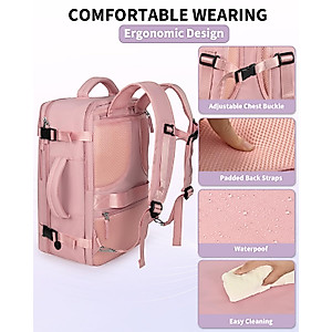 FALARK INC Travel Backpack For Women, 35L Carry On Backpack Flight Approved, Waterproof Personal Item Travel Bag Suitcase Backpack With USB Hole For Weekender, Traveling, Pink