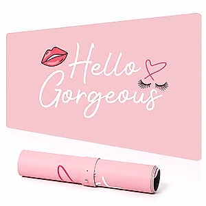 Makeup Mat for Vanity Top Protector, Dual-Sided Vanity Mat Waterproof Dressing Desk Makeup Table Cover Mat Hello Gorgeous (Baby Pink/Silver, 23.6"x11.8")