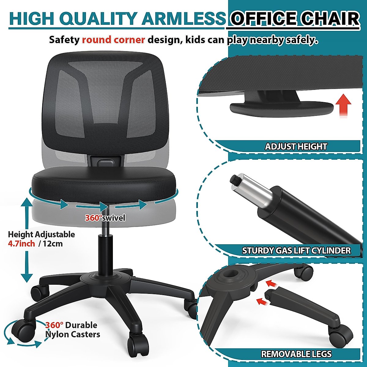 iCoudy Armless Office Chair Ergonomic Swivel Small Computer Desk Chairs No Armrests with Wheels Adjustable Height Black Task Chairs Without Arms for Small Spaces