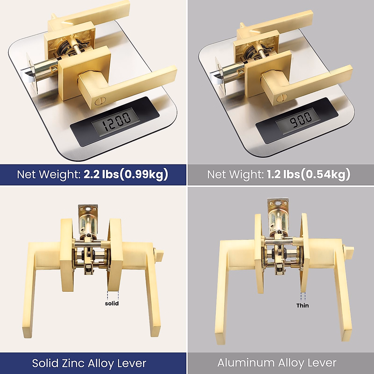 EHOMEWARE 6 Pack Gold Door Knobs Interior Brass Door Handles in Satin Brass Finish, Privacy Function for Bedroom Bathroom, Heavy Duty Gold Door Handles Levers with Modern Design