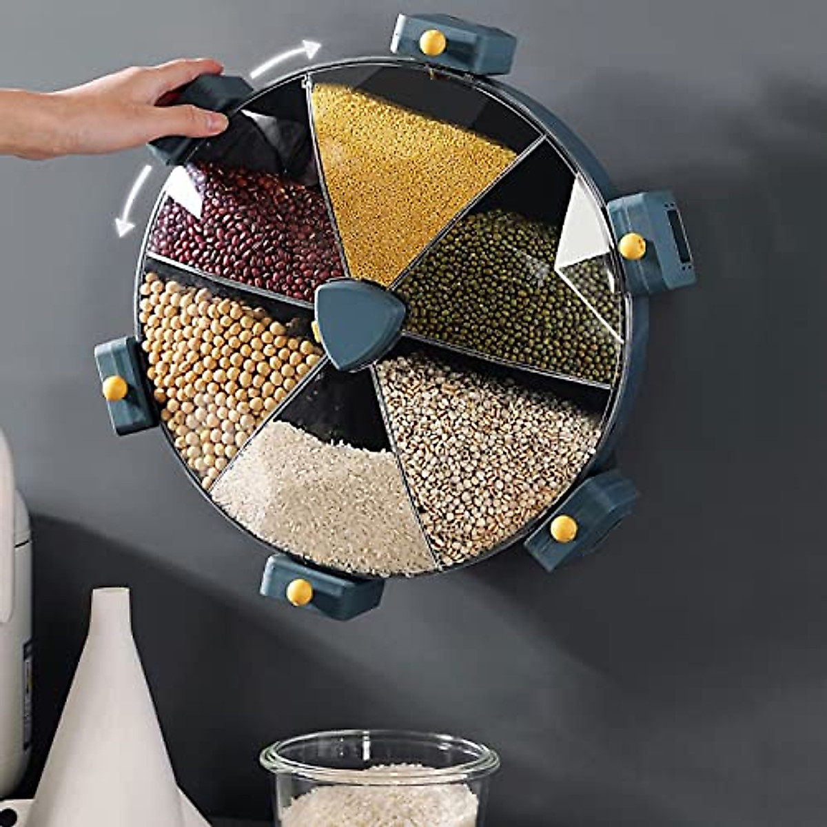 ALONCEgwsnh Spices Jars Wall Mounted Grain Storage Container Rice Dispenser 360 Degree Rotation 6 Grids Moisture Proof Kitchen Food Storage Organizers