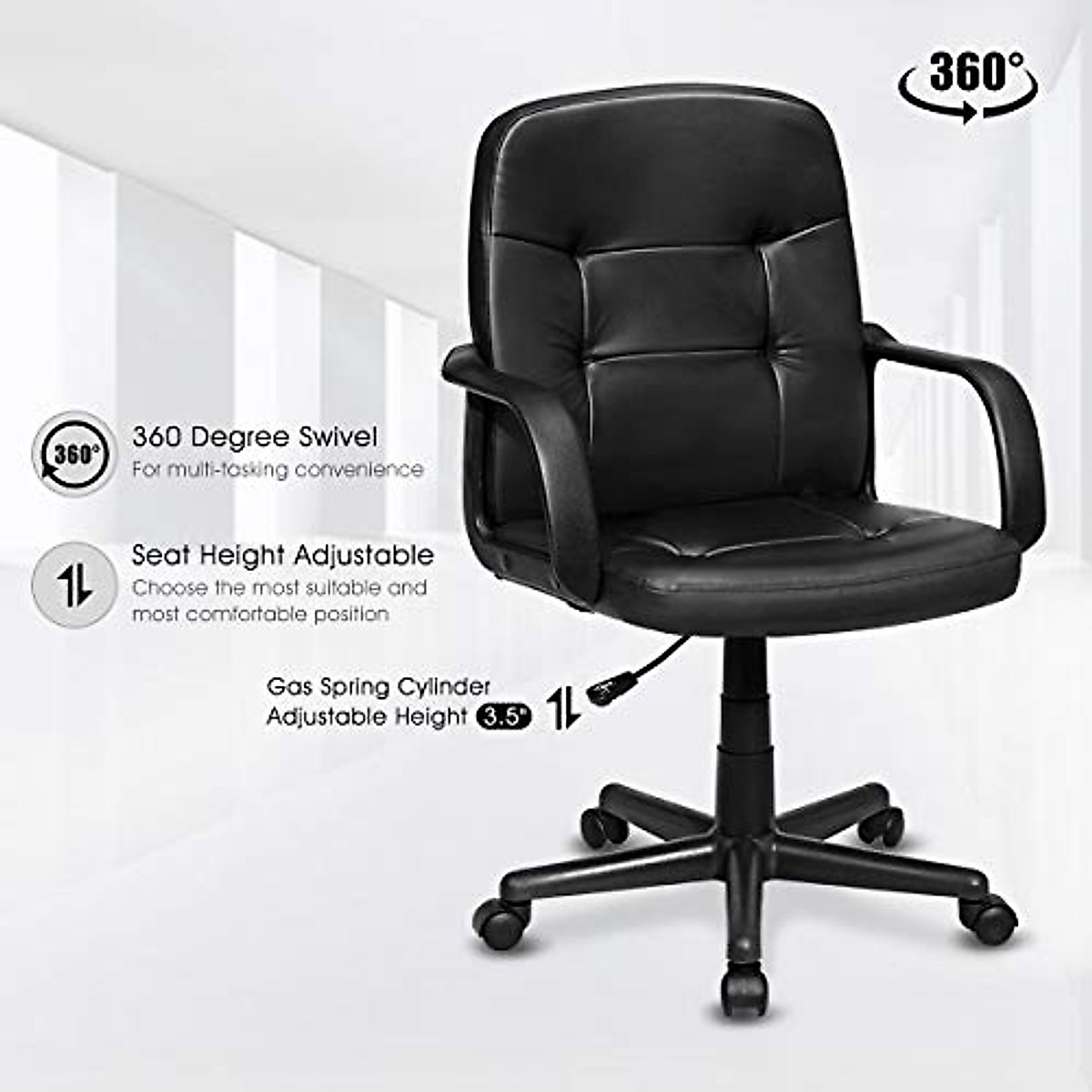 POWERSTONE Office Chair Leather Computer Desk Chair Ergonomic Executive Seating Mid Back Lumbar Support Adjustable Swivel Task Chair