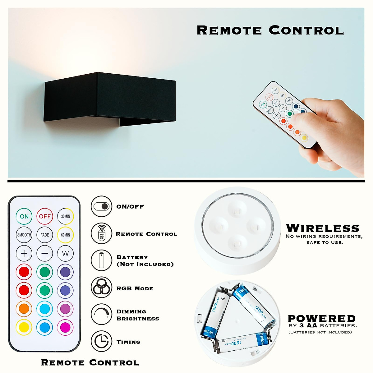 HEQIQEH Set of 2 Modern Style Battery Operated RGB Sconces, Indoor Up and Down LED Wall Lamp with Remote Control, Black Metal Dimmable Cordless Wall Lighting Fixtures for Corridor, Hallway, Galleries