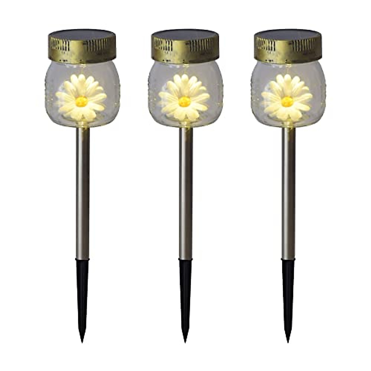 3-Pack Glass Daisy Flower in a Jar Stake Lights - Solar LED Waterproof Outdoor Garden Decor - Decorative Electronic Light Fixture Jars for Yard, Lawn, Patio, Deck, Pathway, Pond, Backyard