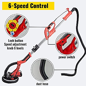 VEVOR Electric Drywall Sander 850W with LED Strip Light, Foldable Sheetrock Sander with Extendable Handle Variable Speed 800-1750RPM,Drywall Sander with 6 Sand Pads