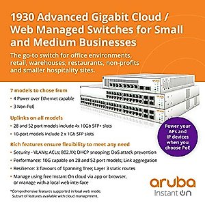 Aruba a Hewlett Packard Enterprise company HPE Networking Instant On Switch Series 1930 24-Port Gb Smart-Managed Layer 2+ Ethernet Switch | 24x 1G | 4X SFP+ | US Cord (JL682A#ABA)