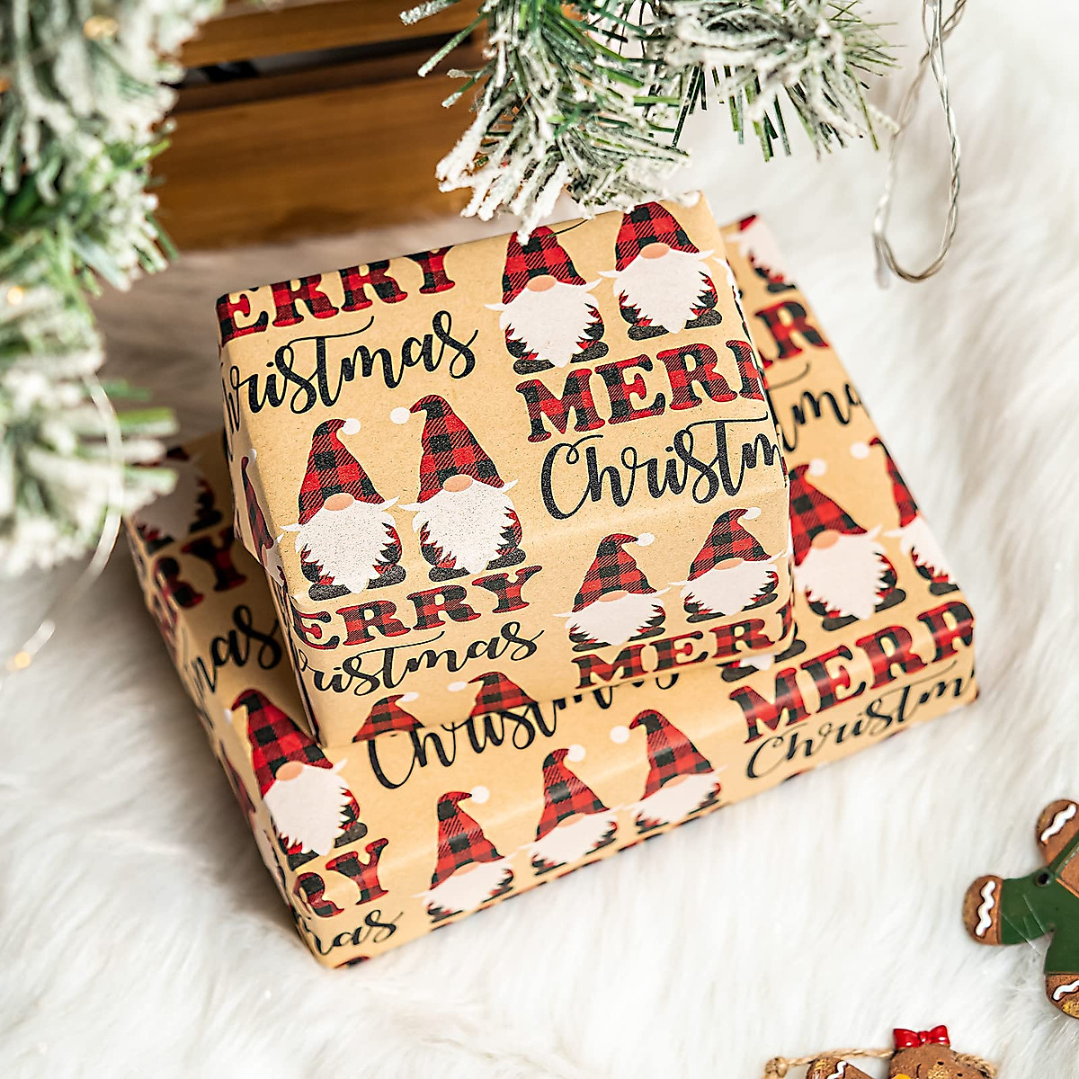 RUSPEPA Kraft Christmas Wrapping Paper Roll - Mini Roll - Red and Black Plaid Gnome Design for Holiday Gift Wrap - 17.5 Inches X 32.8 Feet
