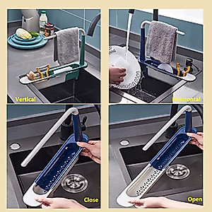 PKHOUHYI Telescopic Sink Storage Rack Holder,Adjustable 2-in-1 Telescopic Sink Drain Storage Racks,Sink Storage Rack Kitchen Organizer Soap Sponge/Brush/Rag Holder Black