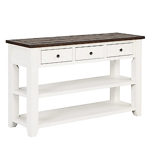 Gecheer 48" Solid Pine Wood Top Console Table, Modern Entryway Sofa Side Table with 3 Storage Drawers and 2 Shelves. Easy to Assemble (Antique White+ Brown Top) 2497B