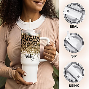 Personalized 40 oz Tumbler With Handle And Straw Lid Cheetah Print Glitter - Leopard Print Stainless Steel Insulated Travel Mug – Tumbler Gift For Women Mom Friend Teacher Nurse Her Birthday Christmas