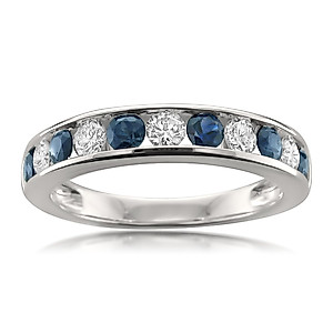 Beyond Brilliance 14K White Gold Round Diamond & Blue Sapphire Wedding Band Ring (1 cttw, I-J, I1-I2), Size 5.5 Size-5.5