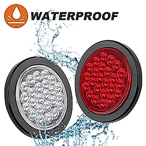 4Pcs 4 Inch Round Led Stop Turn Tail Brake Backup Reverse Lights 24 LED Waterproof 4 Inch Round LED Trailer Tail Lights for Trucks RV W/Lights Grommets 3-Prong Trailer Wire Pigtails 12V (2Red+2White)