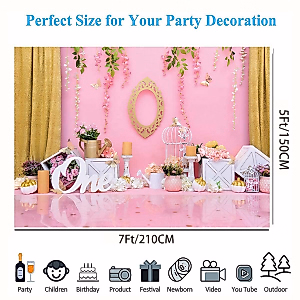 Girl 1st Birthday Photography Background Pink Floral Garden Girl Princess 1st Birthday Party Decorations Backdrop Pink Gold Girl First Birthday Party Backdrops One Year Old Cake Smash Banner (7X5FT)