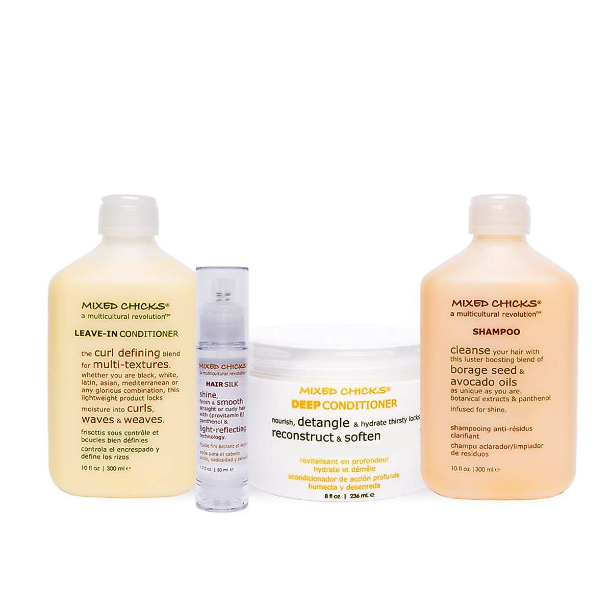 Mixed Chicks Quad Pack - Shampoo 10 fl. oz., Deep Conditioner, 8.0 fl. oz., Leave-In Conditioner, 10 fl. oz., Hair Silk, 1.7 fl. oz