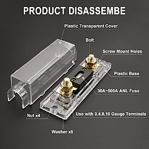 Baomain ANL Fuse Holder Kit for Car Vehicles Audio System, 60Amp ANL Fuses (1 x Holder, 1 x Fuses), RoHS, Clear, Gold