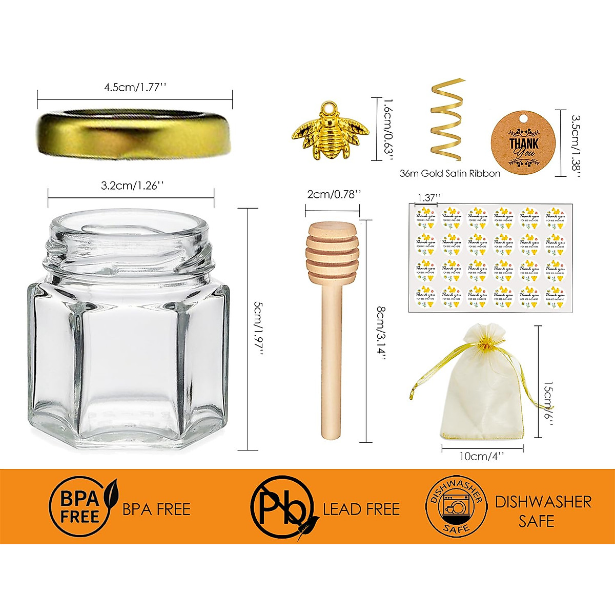DnayDkiy 60-Count Mini Hexagonal Glass Honey Jars with Dippers - Perfect Party Favors for Baby Showers - Includes Gold Bee Charms, Thank You Cards, Stickers, Gift Bags, and Silk Ribbon