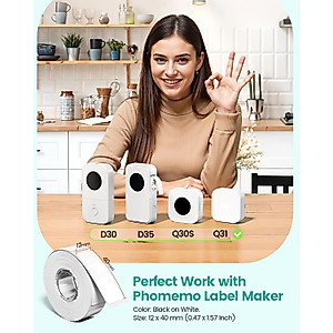 Phomemo D30 Label Maker Tape Black on White Sticker Thermal Paper Self-Adhesive Label Tape, 12 x 40mm ( 3/8" x 1 1/2") 160 Tapes/Roll, 3-Roll