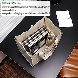 VENO 4 Pack Reusable Grocery Shopping Bag w/bottle holder, Hard bottom, Foldable, Multipurpose Heavy Duty Tote, Daily Utility bag, Stands Upright, Sustainable (Set of 4, Beige)