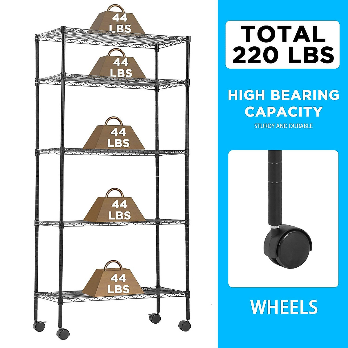 FDW 30" L×14" W×60" H Wire Shelving Unit Metal Shelf with 5 Tier Casters Adjustable Layer Rack Strong Steel for Restaurant Garage Pantry Kitchen Garage，Black
