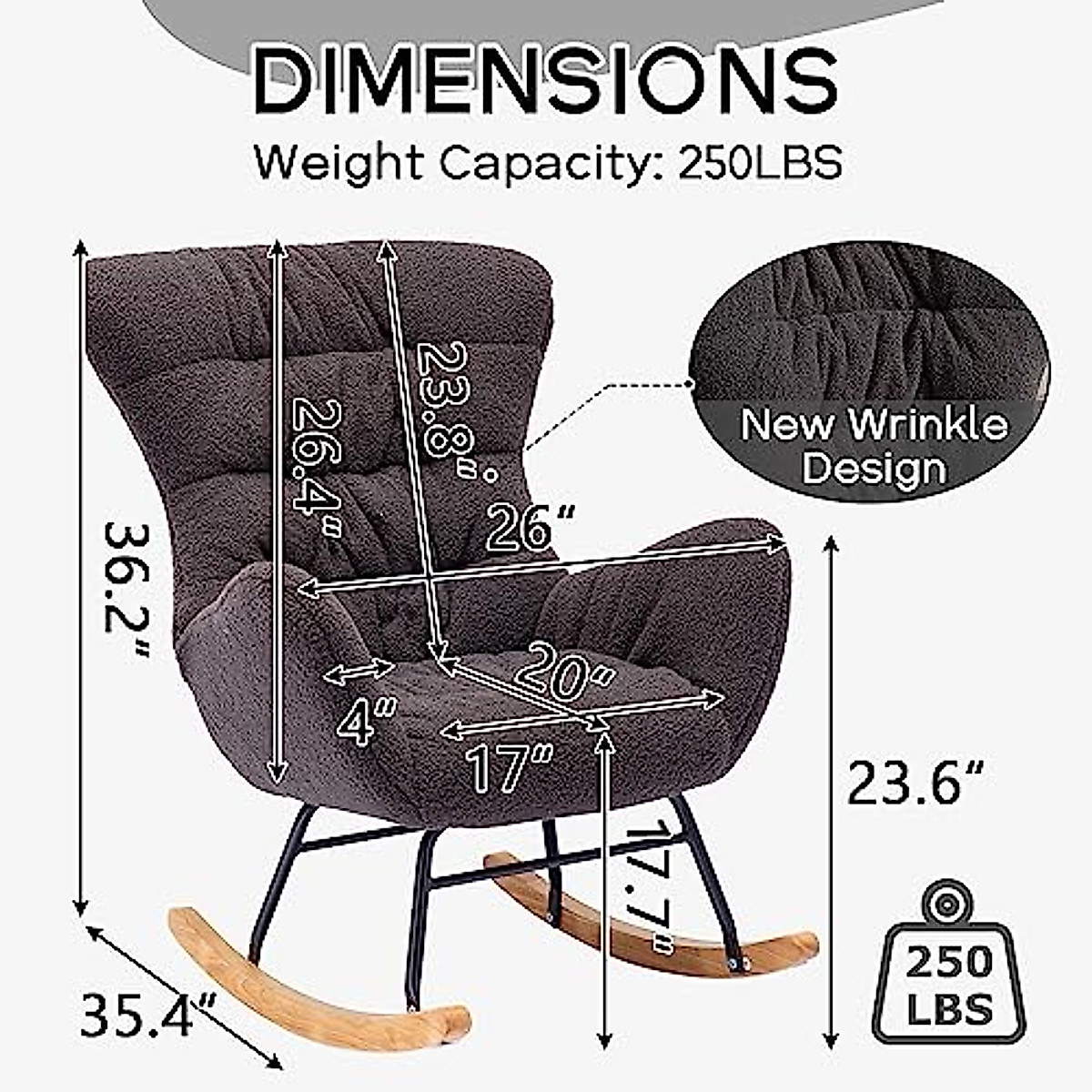 NIOIIKIT Nursery Rocking Chair, Teddy Upholstered Glider Rocker, Rocking Accent Chair with High Backrest, Comfy Rocking Accent Armchair for Living Room, Bedroom, Offices (Dark Grey Teddy)