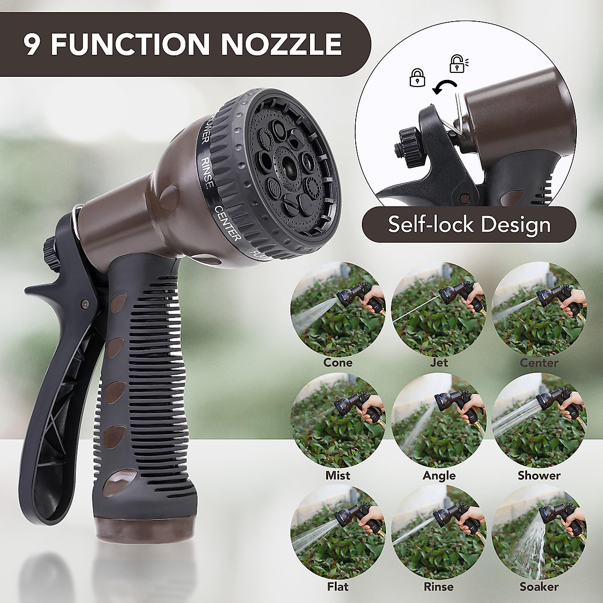 IDEALHOUSE Retractable Garden Hose Reel, 1/2 in x 100 ft Wall-mounted Hose Reel, with 9- Function Sprayer Nozzle, Any Length Lock/180° Swivel Bracket/Automatic Rewind/Slow Return System/Easy Watering