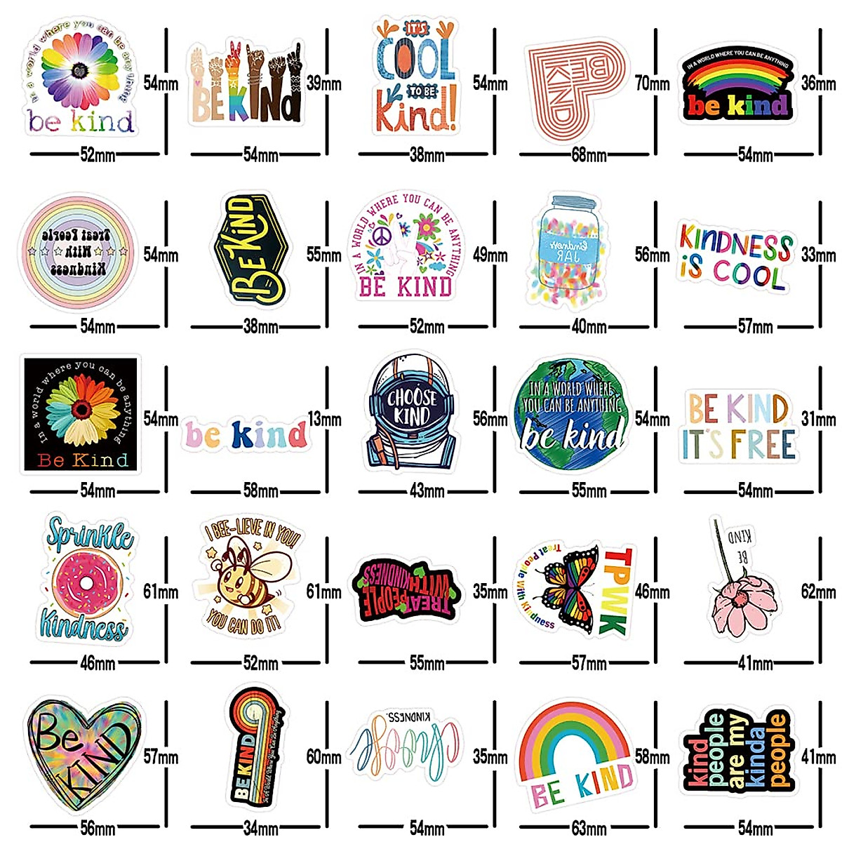 53Pcs Be Kind Stickers Pack, Inspirational Quote, Motivational Saying Aesthetic Decal | Vinyl Waterproof Kindness Stickers for Water Bottle,Laptop,Phone,Scrapbook,Journal Gifts for Kids Teens Adults