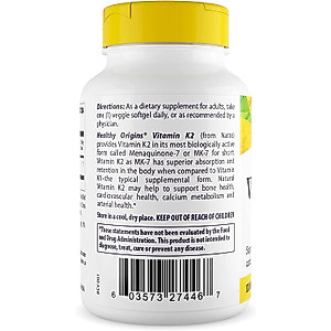 Healthy Origins Vitamin K2 as MK-7, 100 mcg - K2 Vitamins for Heart Health, Bone Health & Calcium Metabolism - Gluten-Free Supplements - 180 Veggie Softgels