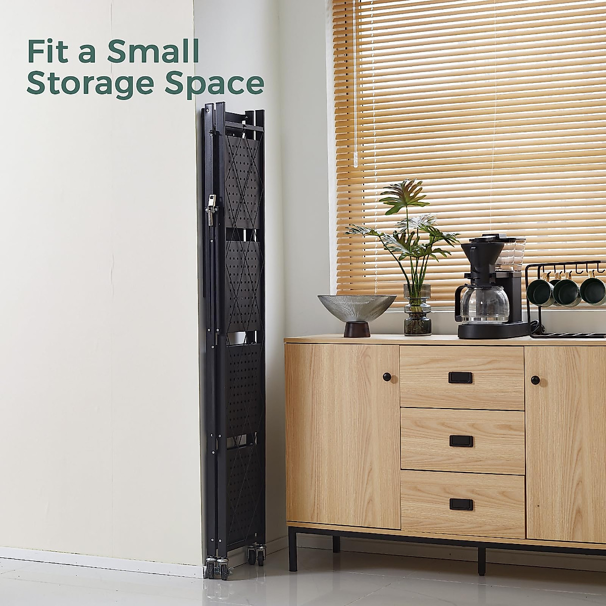 DEANIC 5-Shelf Folding Shelves Bookcase with Wheels, Heavy Duty Storage Shelves, Freestanding Metal Wire Shelving Unit for Living Room, Office, Kitchen, Basement, Pantry (Black)