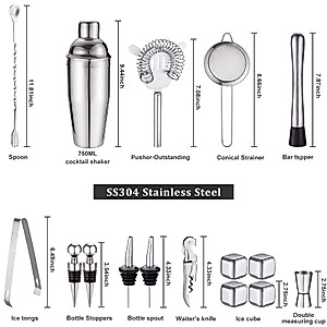 Oyydecor 18 Piece Cocktail Shaker Set with Rustic Pine Stand, Gifts for Men Dad Grandpa,Stainless Steel Bartender Kit Bar Tools Set, Home, Bars, Parties and Traveling (Silver)