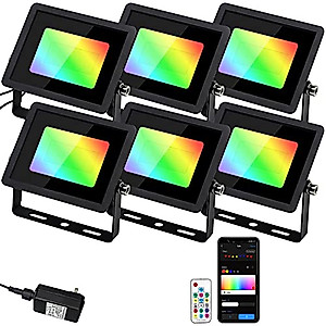 Hitish LED Flood Lights Outdoor, Smart RGB Color Changing Floodlight with Multi Scene Modes & Music Modes, IP66 Waterproof Landscape Lights with Smart APP & Voice Control for Patio Garden Yard, 6 Pack