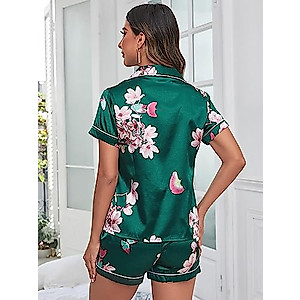 WDIRARA Women's Sleepwear 2 Piece Satin Floral Print Short Sleeve Shirt and Shorts Silk Pajama Set Green XL