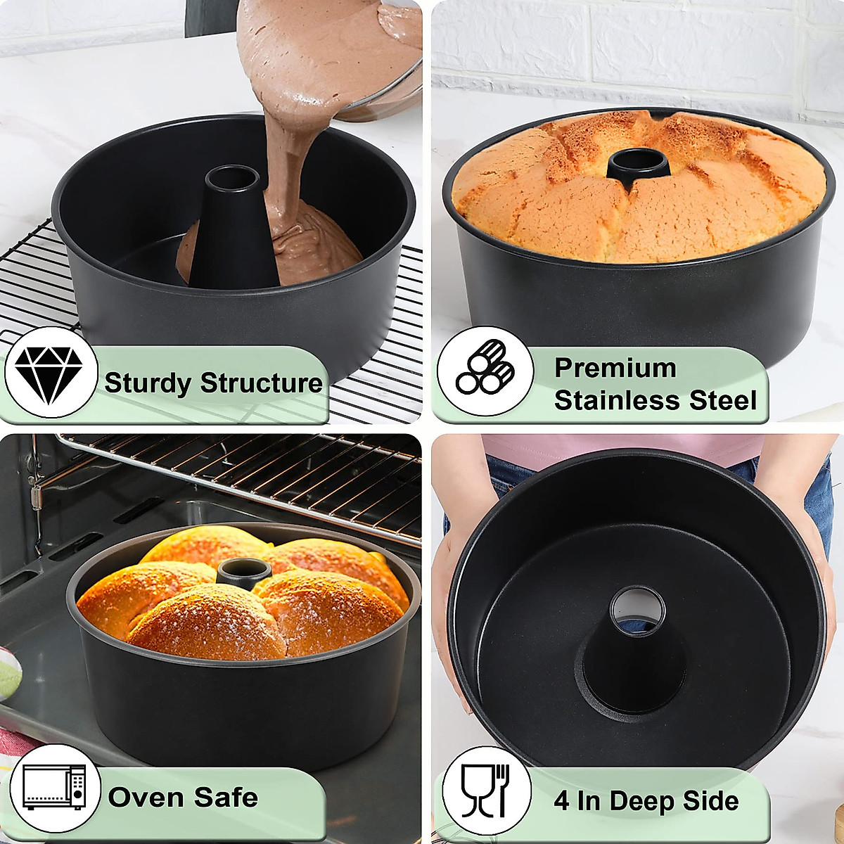 LIANYU 10 Inch Angel Food Cake Pan, Black Nonstick Tube Pan for Baking Pound Cake, Deep Chiffon Mold with Stainless Steel Core, Easy to Release, Leak Proof