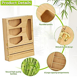 KMOTASUO Bamboo Ziplock Bag Organizer for Drawer, 6 in 1 Food Storage Bag Organizer Wrap Dispenser with Cutter, Great for Quart Gallon Sandwich Snack Bags & Foil Plastic Wrap (6 in 1)