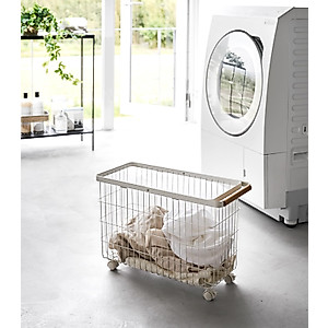 Yamazaki Home Tosca Compact Rolling Laundry Basket Cart - Metal Hamper With Wheels And Handle For Easy Mobility - Space-Saving Storage Solution, 15" - Steel + Wood - 9.2 Gallons, 35L