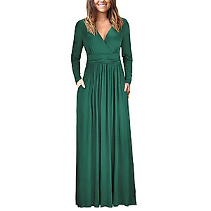 OUGES Womens Long Sleeve Green Dress V-Neck Wrap Waist Maxi Dress(Green,M)