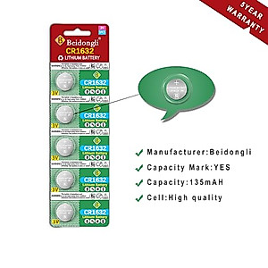 Beidongli CR1632 3 Volt Lithium Coin Cell Battery (10 Batteries)【5-Years Warranty】