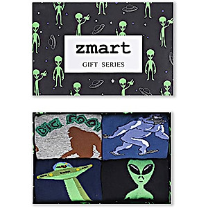 Mens Funny Shark Alien Bigfoot Socks Novelty Christmas Space Gifts Stocking Stuffers in 4 Pack Box