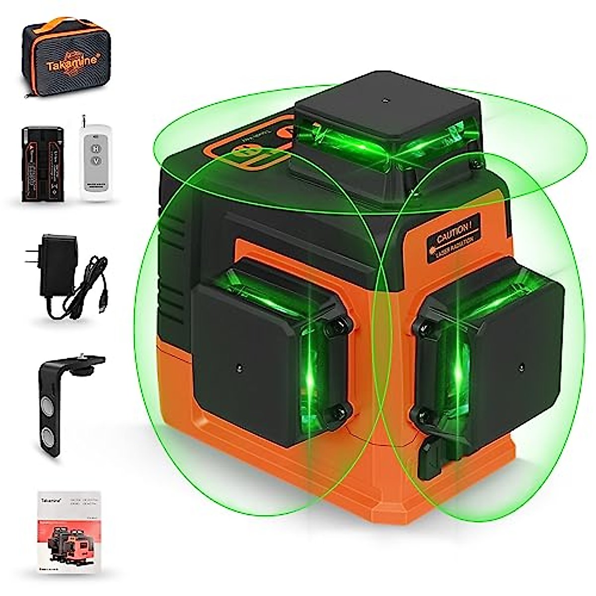 Takamine 12 Lines Laser Level Self Leveling 3x360° 3D Green Cross Line for Construction/Picture Hanging, Remote Controller, Rechargeable Li-ion battery, Magnetic Stand and portable bag