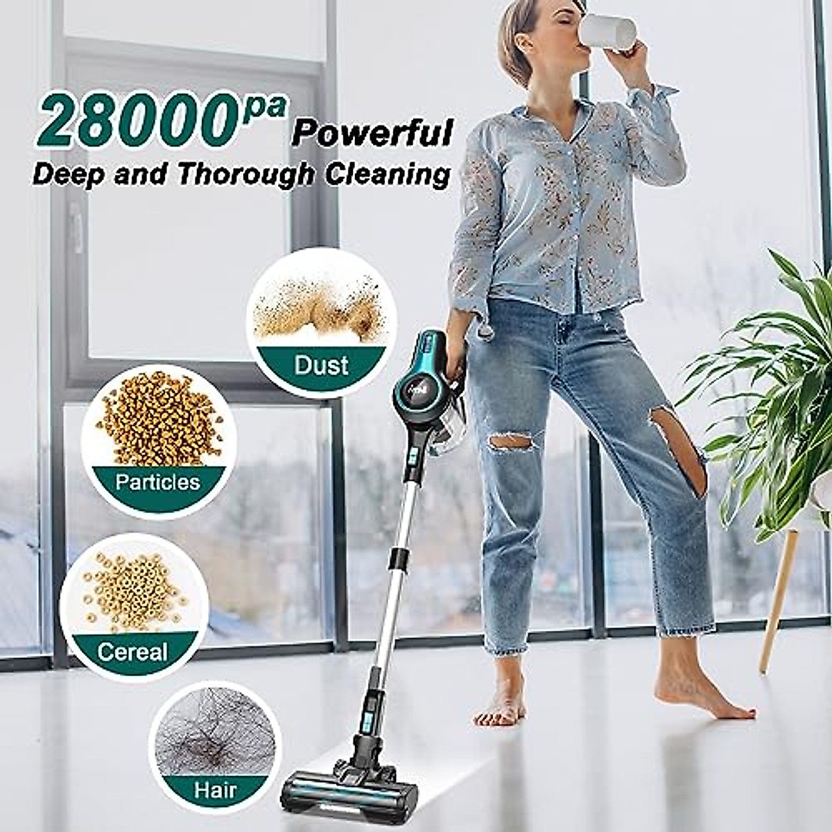 INSE 28Kpa Cordless Vacuum Cleaner, 300W Powerful Stick Vacuum, 8-in-1 Rechargeable Vacuum, 2500m-Ah Battery, 45min Runtime, 1.2L Dustbin, Lightweight Cordless Vacuum for Pet Hair Hard Floor Carpet