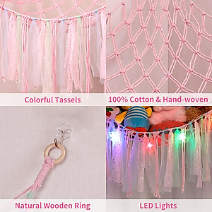 YELIENM Stuffed Animals Net or Hammock with LED Light, 59 inch Toy Hammock Net for Stuffed Animals Corner Hanging Stuffed Animal Storage Stuffed Animal Holder for Nursery Kids Bedroom (Pink)…