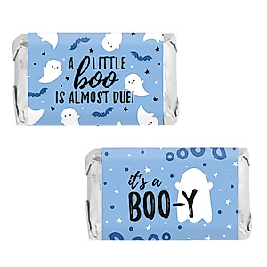Blue A Little Boo is Almost Due Boy Baby Shower Wrappers for Mini Chocolate Bars, Halloween Baby Shower Party Favor Candy Stickers - 45 Count