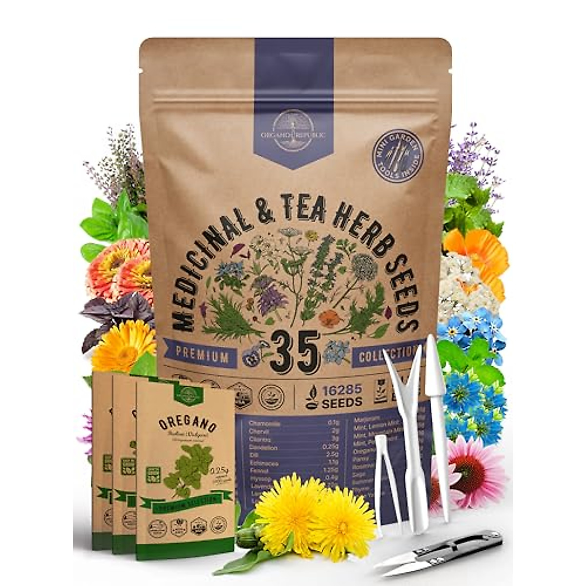 35 Medicinal & Tea Herb Seeds Variety Pack for Indoor & Outdoors. 16,300+ Non-GMO Heirloom Garden Seeds: Anise, Bergamot, Borage, Cilantro, Chamomile, Dandelion, Rosemary Seeds & More