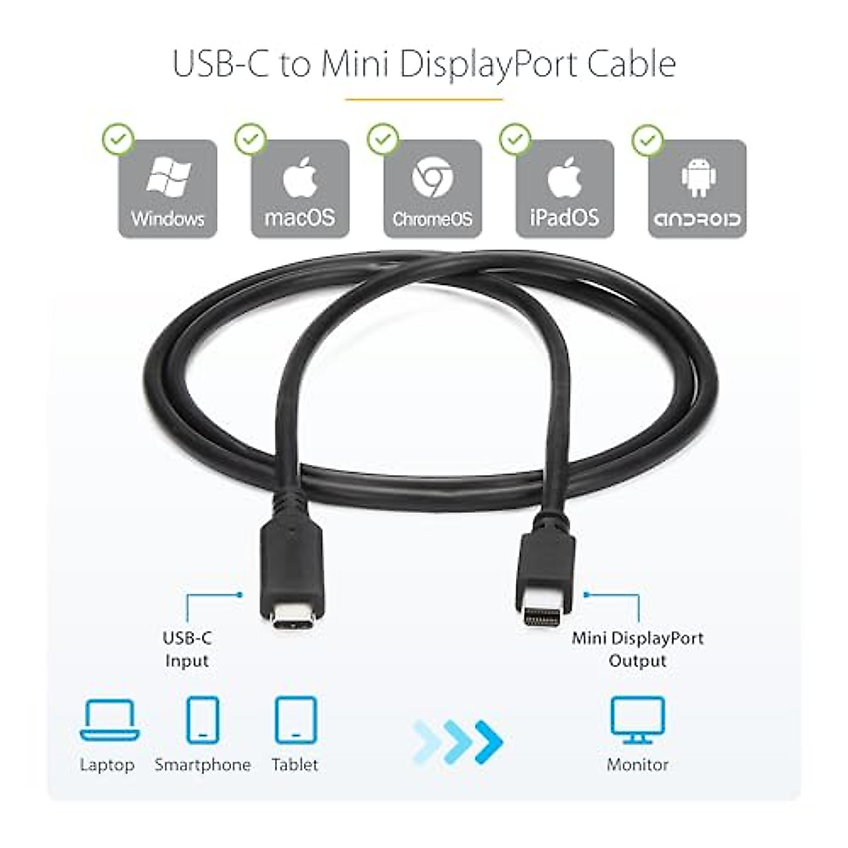 StarTech.com 1m / 3.3ft USB-C to Mini DisplayPort Cable - 4K 60Hz - Black - USB 3.1 Type C to mDP Adapter (CDP2MDPMM1MB)