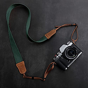 Dark Green Camera Strap,Double Layer top-grain Cowhide Ends,1.5"Wide Pure Cotton Woven Camera Strap,Adjustable Universal Neck & Shoulder Strap for All DSLR Cameras,Great Gift for Photographers