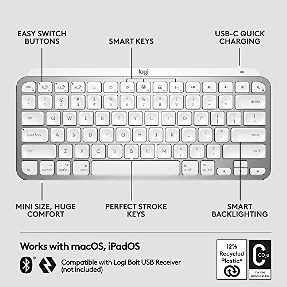 Logitech MX Backlit Keys Mini for Mac Minimalist Wireless Illuminated Keyboard, Compact, Bluetooth, USB-C, for MacBook Pro, Macbook Air, iMac, iPad - With Free Adobe Creative Cloud Subscription
