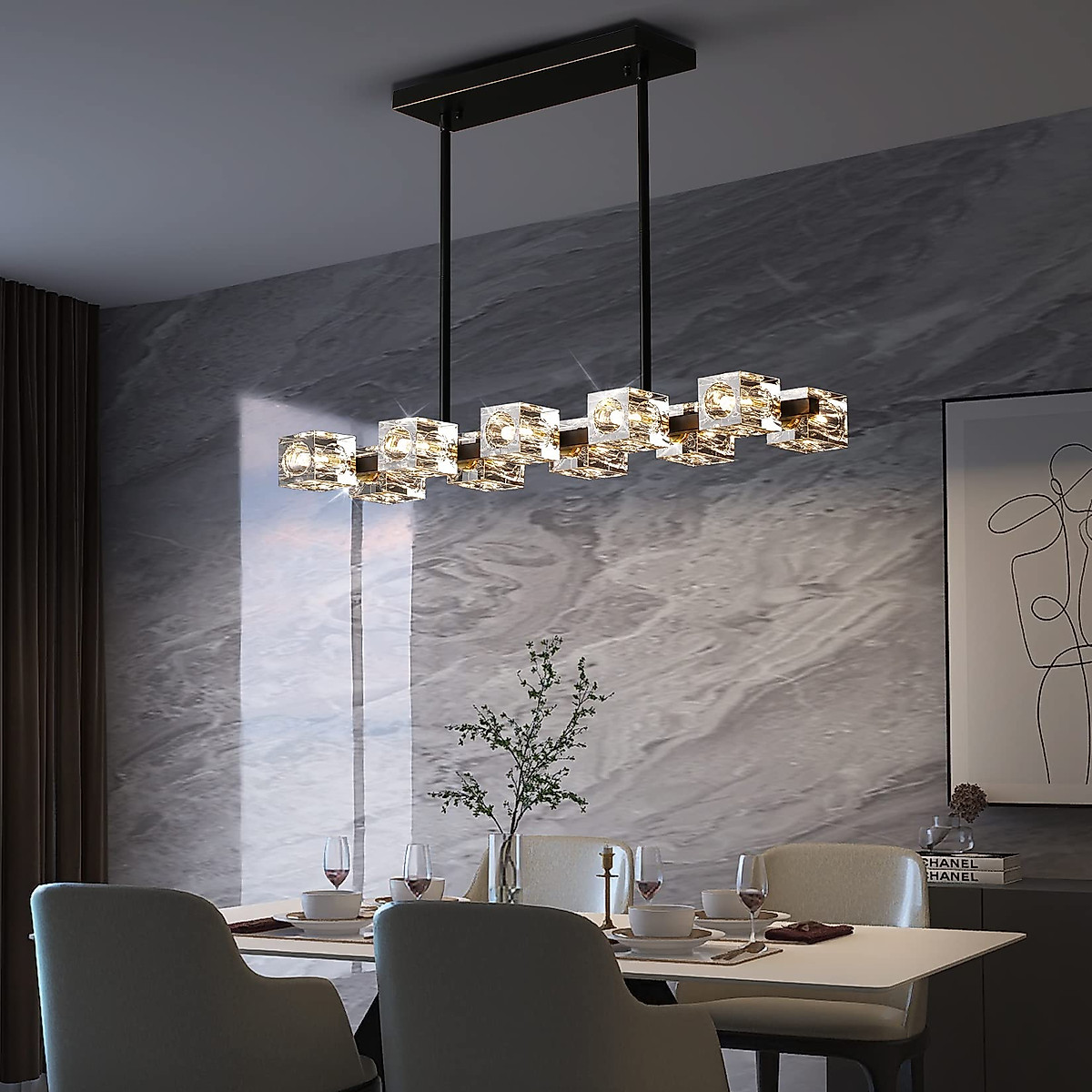 OKES Dining Room Light Fixture,Modern Crystal Chandeleirs Semi Flush Mount Ceiling Light Fixture,Black Metal Crystal Pendant Light for Kitchen Island Farmhouse Dining Room,Living Room (10-Lights)…